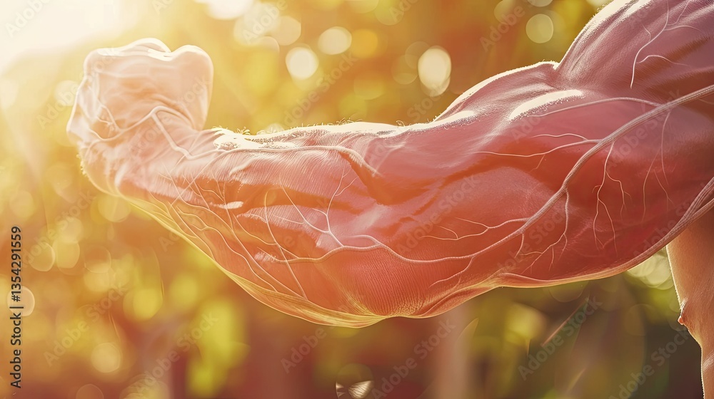 Muscular arm flexing with detailed veins and tendons visible ...