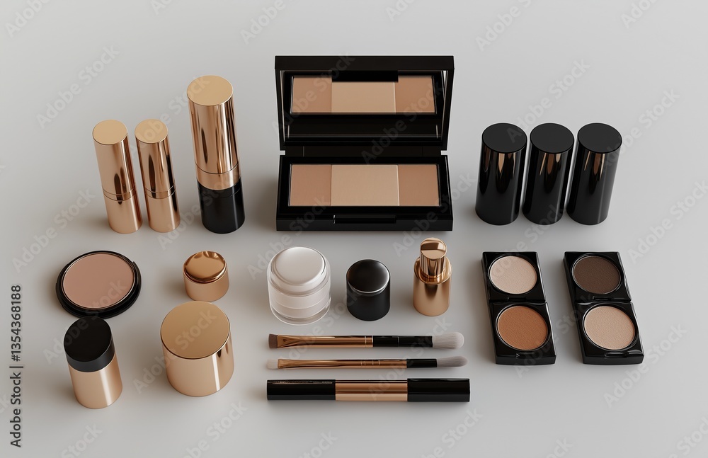 3D Render of Complete Makeup Set with Gold and Black Shades on White ...