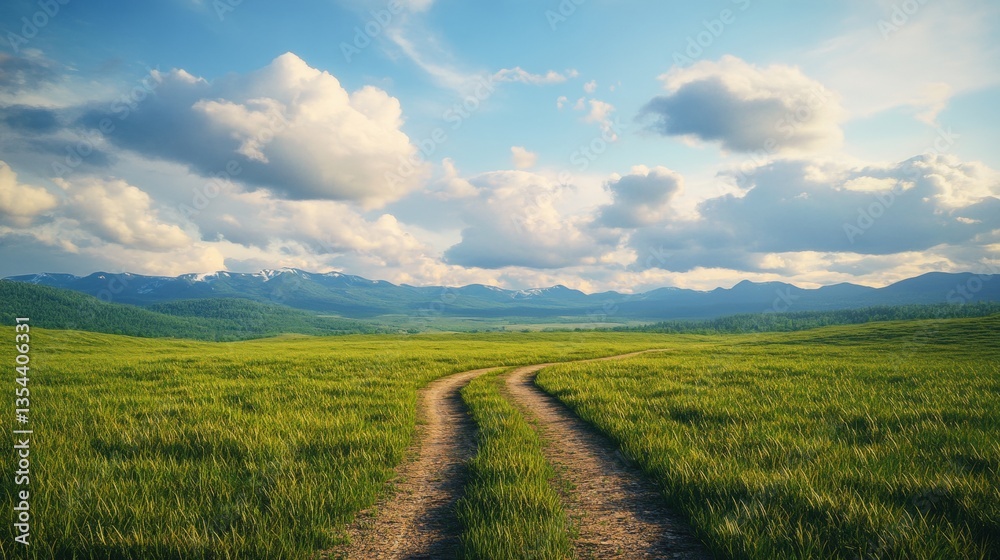 Beautiful dirt road transversing lush green field under clear blue sky creating a scenic natural ...