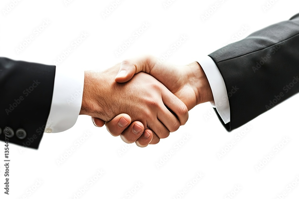 Two hands shaking, one in a gray suit and the other in a blue suit ...