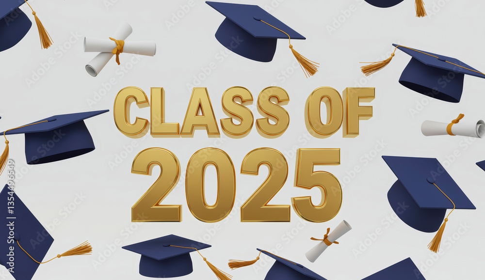 Class of 2025 3d lettering with graduation caps flying around on white ...