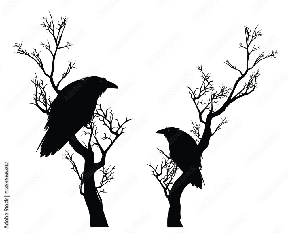 ominous lonely raven sitting on a long leafless tree branch - black ...