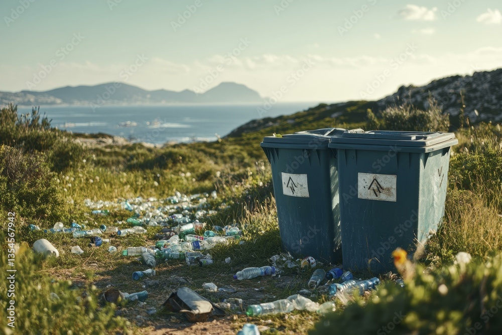 Plastic Waste Littering Landscape Next to Overfull Trash Bins With ...