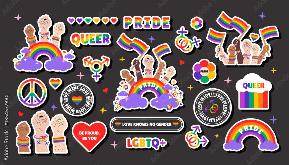 LGBT sticker set with LGBTQ rainbow elements, queer slogans, phrases ...