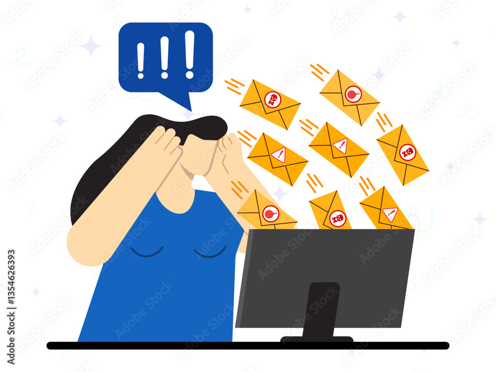 Spam dangerous email concept. A woman is shocked to see her computer ...