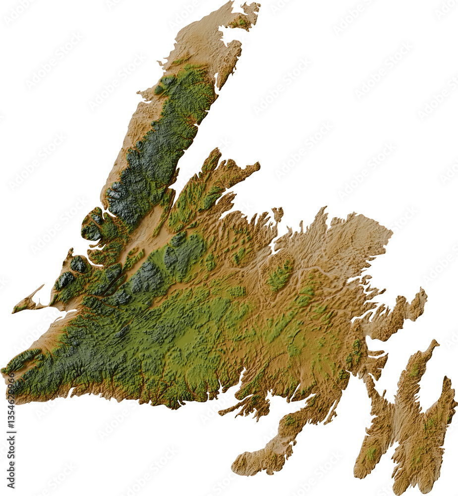 Colored terrain map of Newfoundland island in Canada (the fifteenth ...