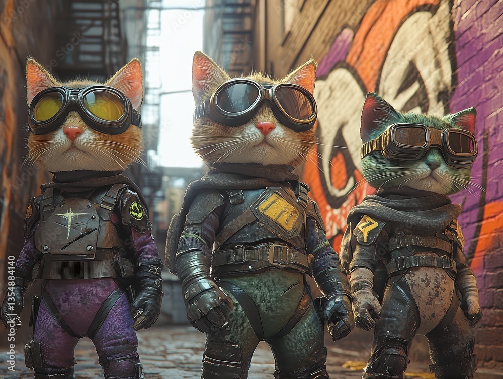 Cat superhero team in alley with goggles, armor, striking poses near ...