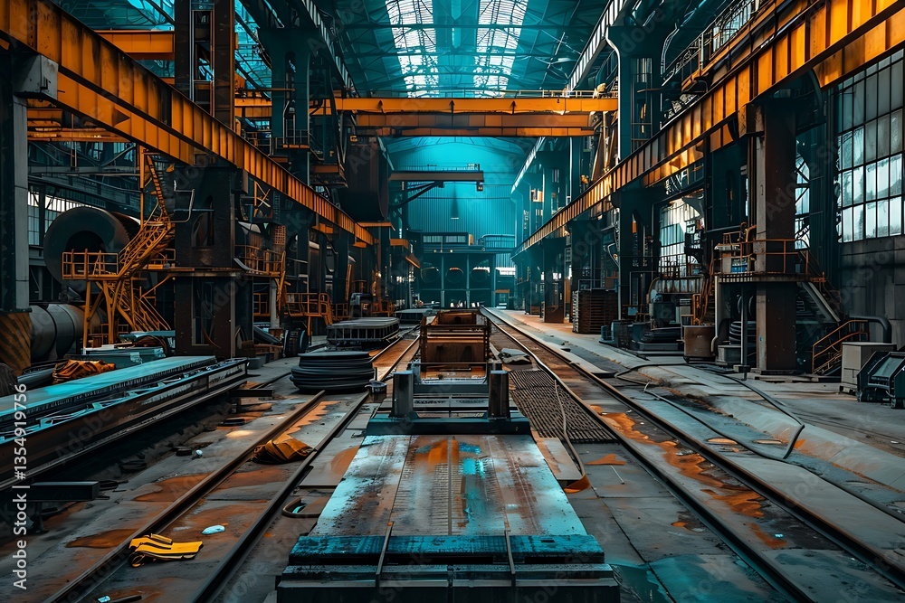 Heavy machinery operating in a steel manufacturing plant, including ...