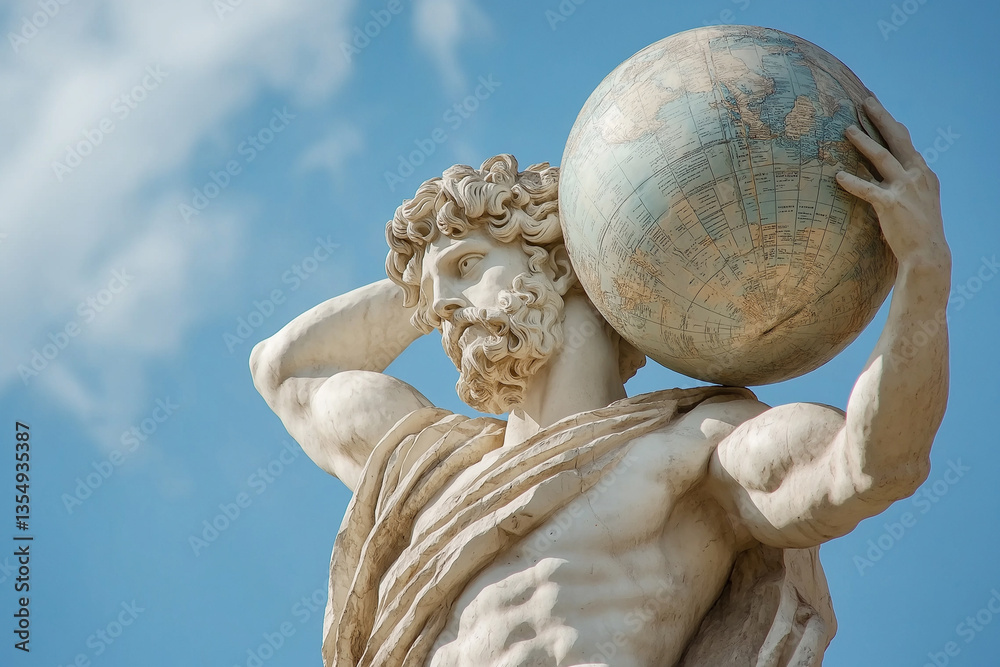 Statue of Atlas holding the globe against a cloudy sky background as a ...