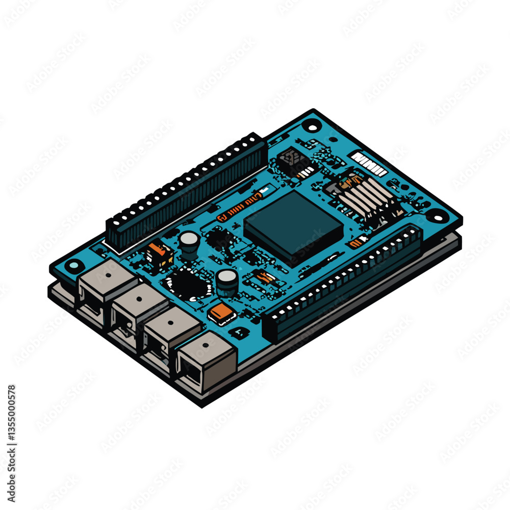 Create a detailed vector illustration of an Arduino Uno microcontroller board, showcasing all ...