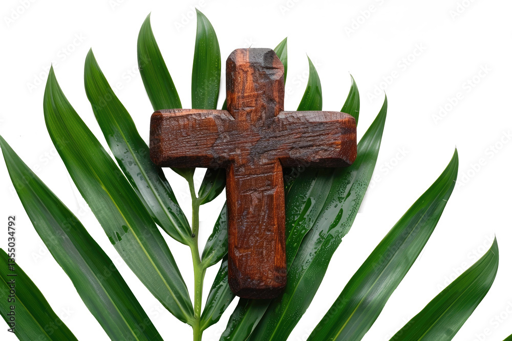 Old wooden cross on green palm leaf isolated on transparent background ...
