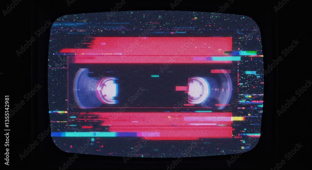 VHS Static Glitch Art - Retro VHS cassette tape displayed on a vintage ...