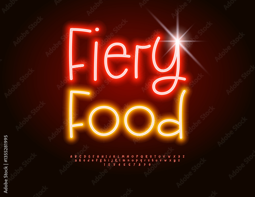 Vector Glowing banner Fiery Food for Cafe. Funny Neon Font. Red ...