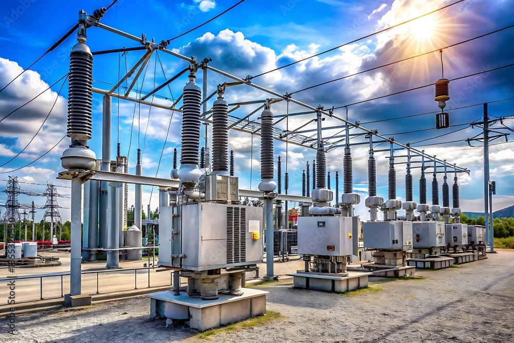 Electrical power substation with transformers and high voltage ...