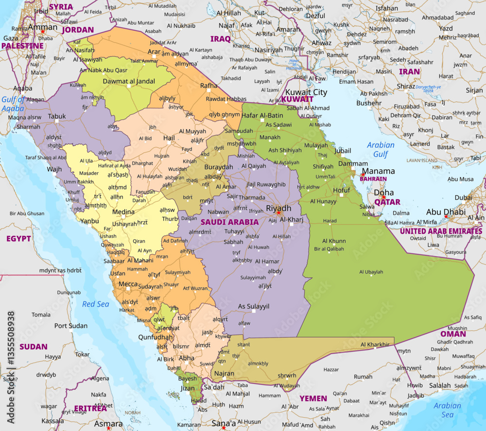 Detailed political map of Saudi Arabia Stock Vector | Adobe Stock