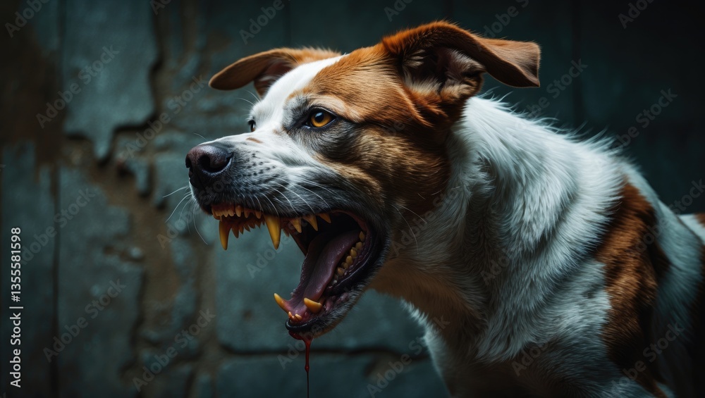 Dog appears crazy, fierce, and frightening with visible fangs and ...