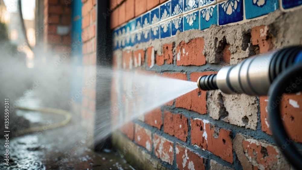 Cleaning graffiti from a brick and tile facade using a pressurized ...