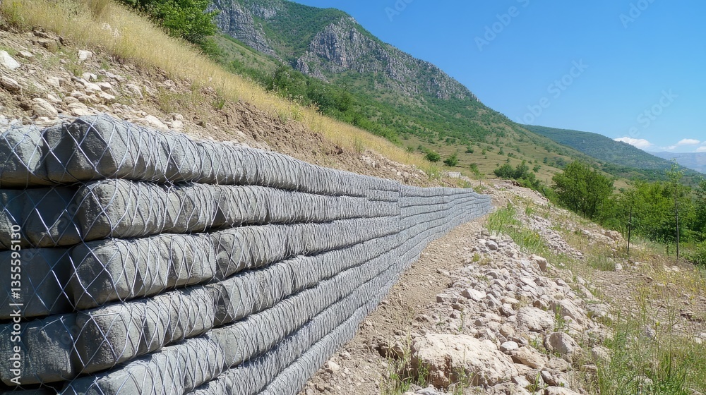 Highway embankment reinforced with concrete retaining walls, preventing ...