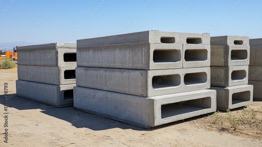 Large precast concrete fence panels stacked in a supply yard, ready for ...