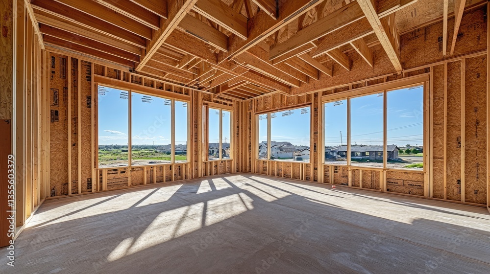 Open-concept interior space of a house under construction, showing ...
