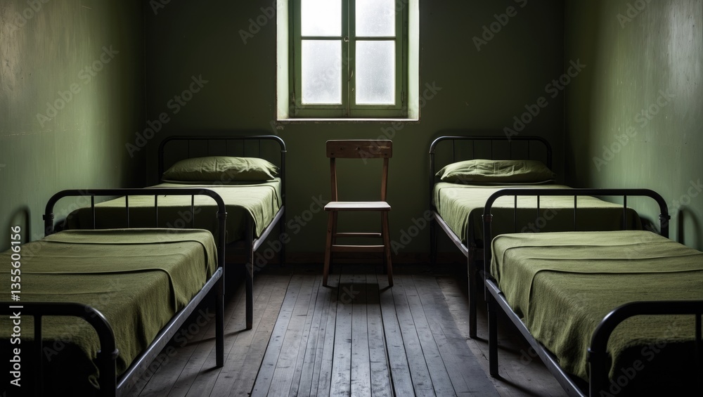 Beds and equipment of soldiers in a renovated army barracks room. Stock ...