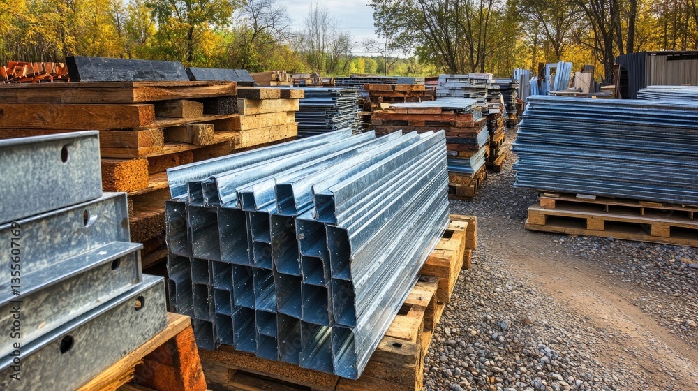Rows of metal studs and framing channels stacked on wooden pallets ...