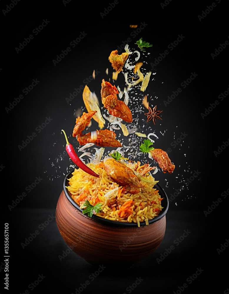 indian chicken biryani, Spicy chicken biryani food photography, flying ...
