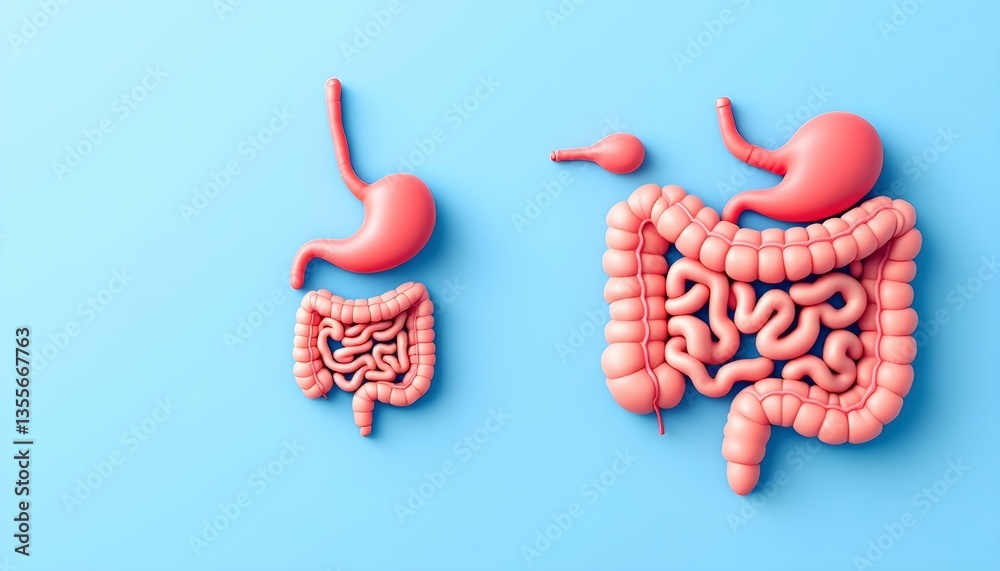 3D illustration of the human digestive system, showing the stomach ...