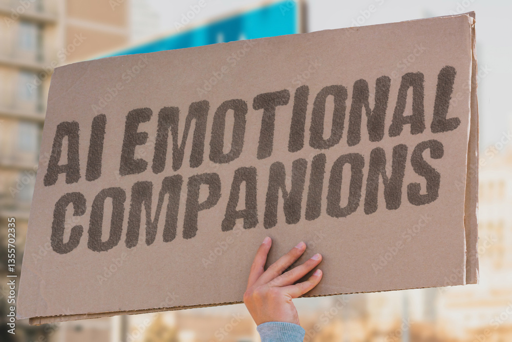 "AI Emotional Companions" on worn cardboard. Highlights AI systems for ...