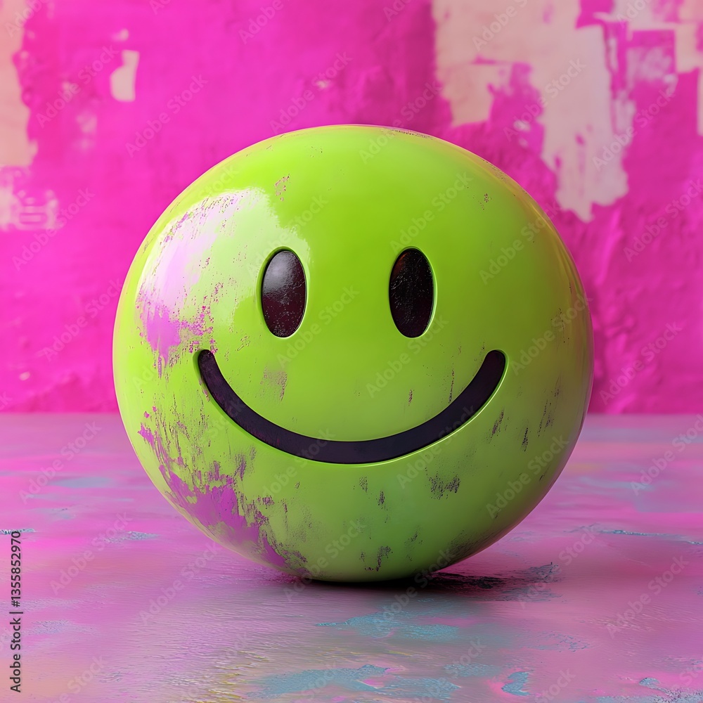 Vibrant green Smiley emoji with a textured background of soft pink and ...