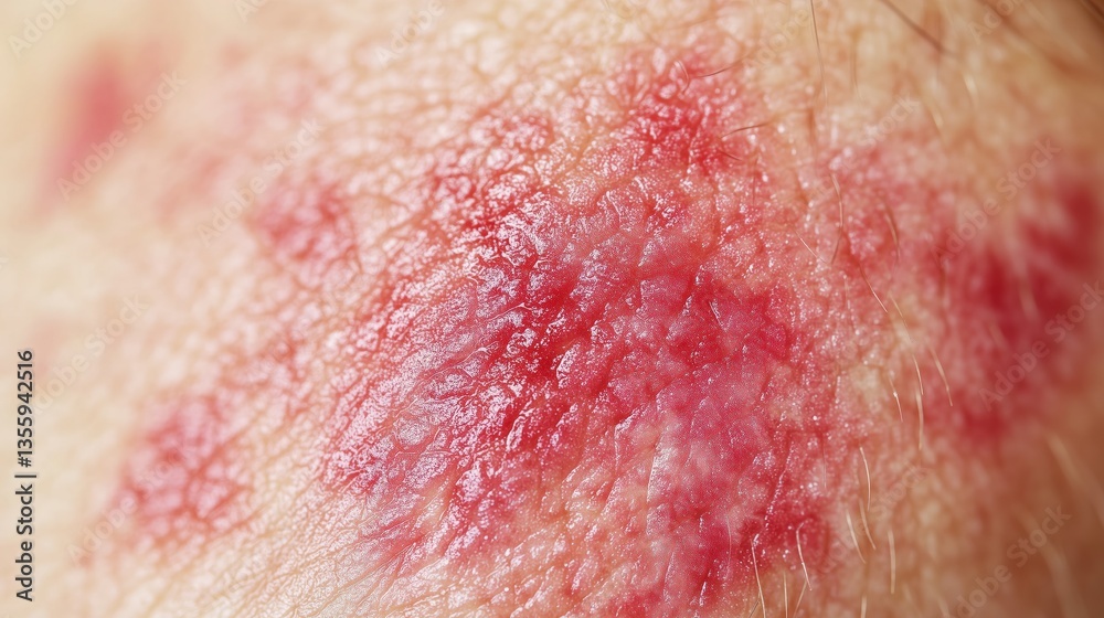Skin rash. Dermal irritation. Red, itchy burn on the skin, showing ...