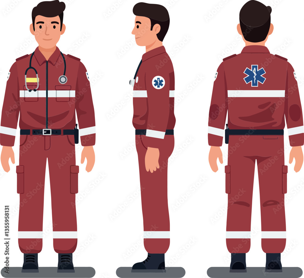 Emergency medical technician in red uniform showcasing front, side, and ...
