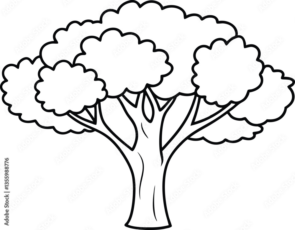 Cartoon tree outline coloring book page, Tree line art vector drawing ...