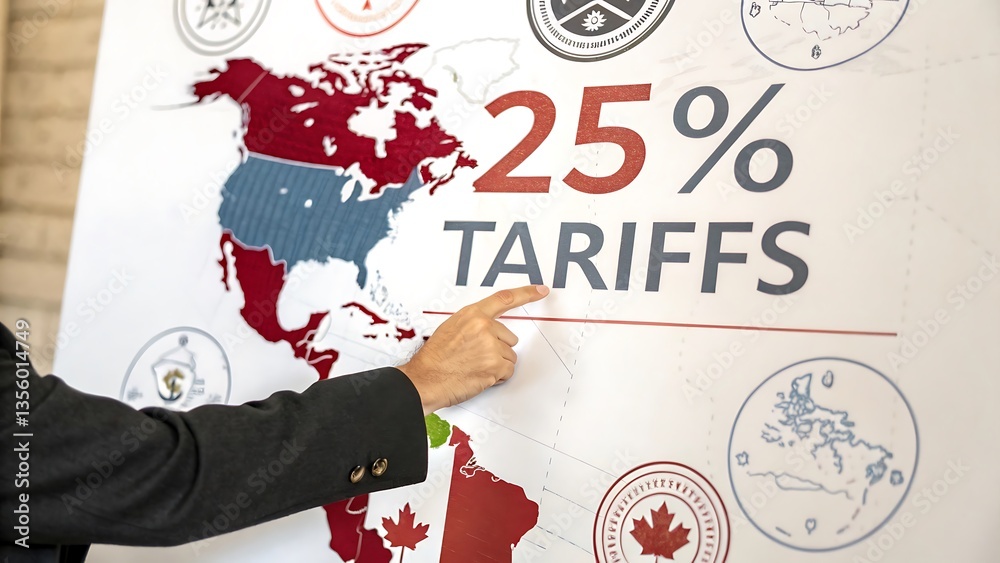 Map of North America, hand pointing, trade tariffs, economic policy ...