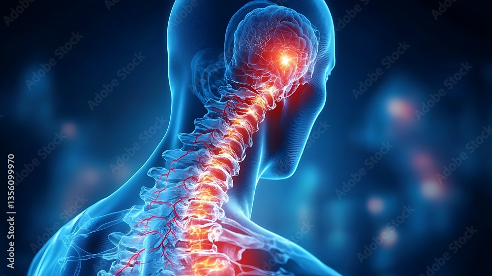 Hyper-detailed x-ray-style illustration of a person’s cervical spine ...