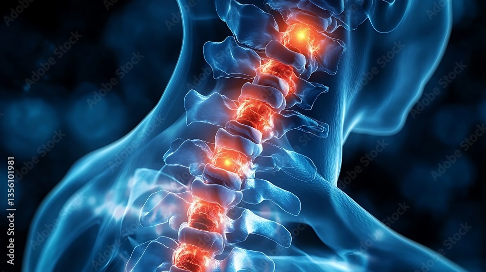 A high-resolution medical illustration of a human cervical spine ...