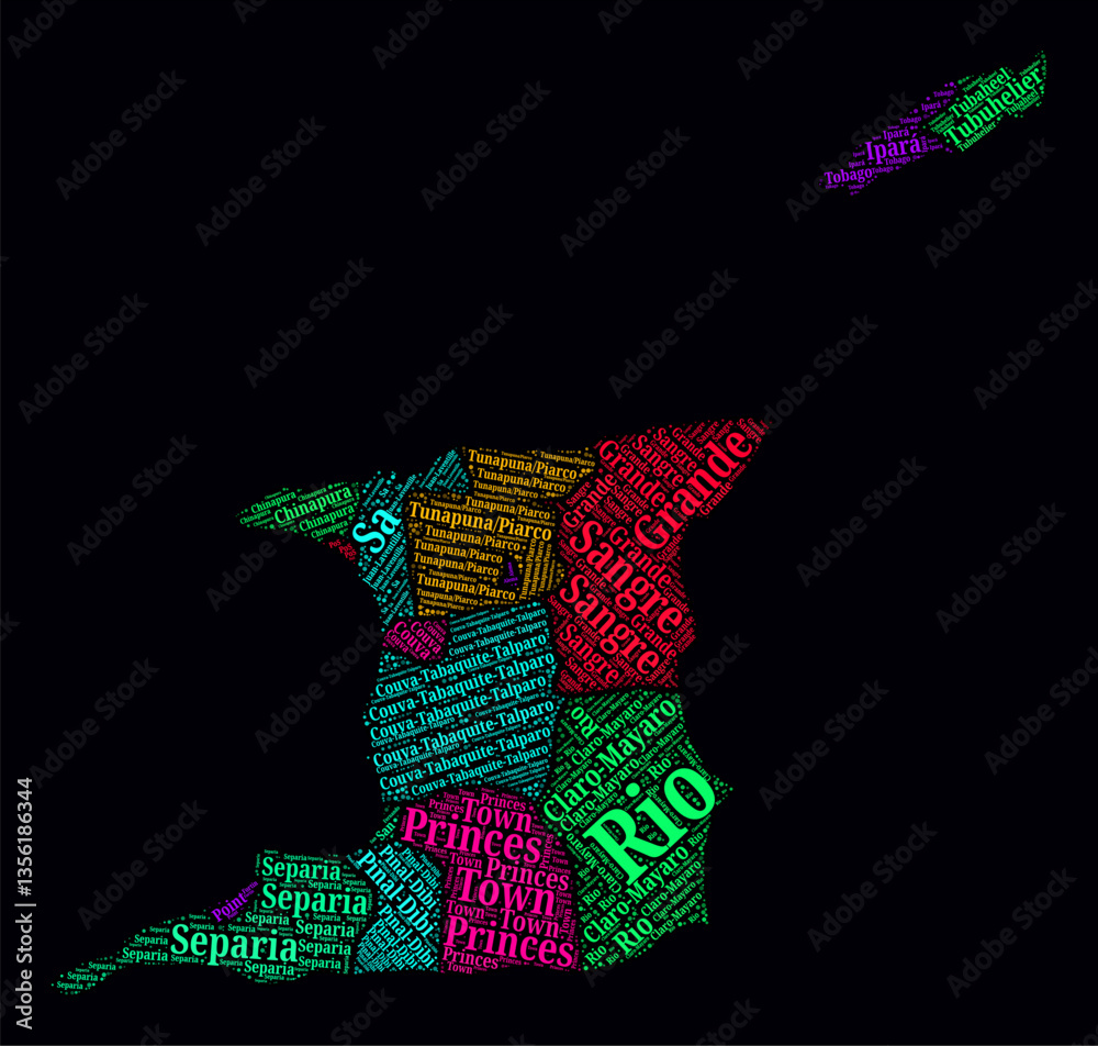 Trinidad and Tobago Regions Word Clouds. Bright neon style design on ...