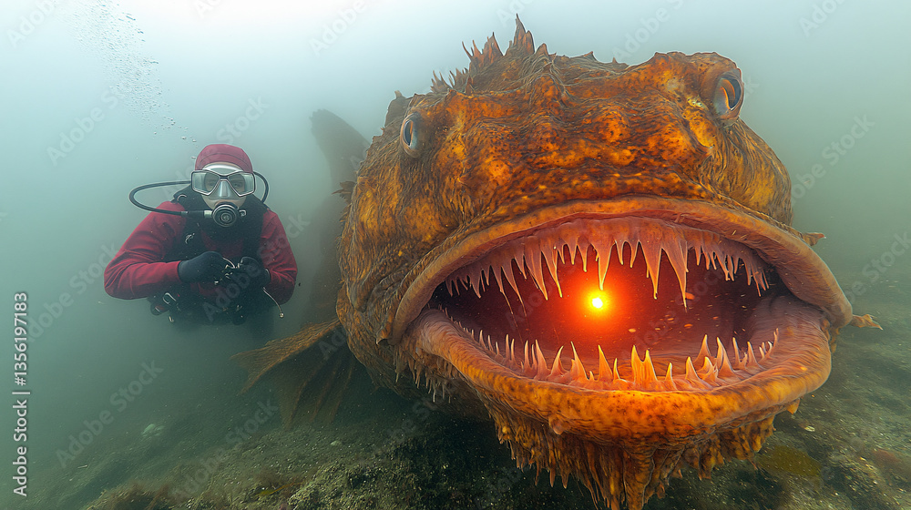 Giant anglerfish glowing lure underwater diver deep sea creature sharp ...