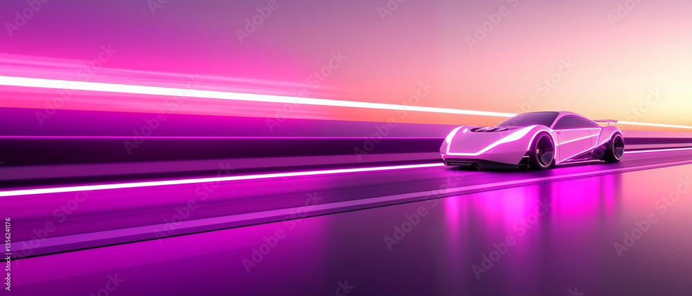 Stylish fake retro car from the 80s drives down the road against a neon ...
