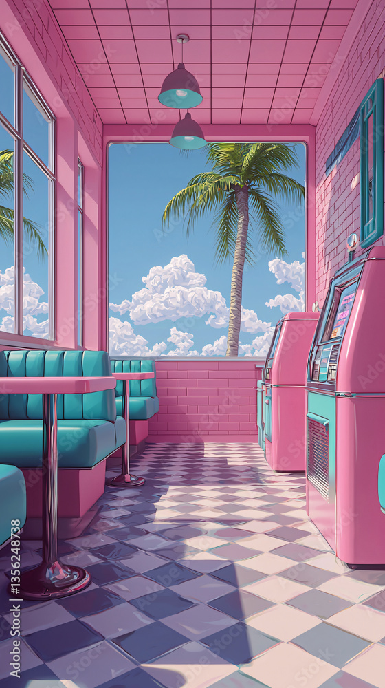 Retro diner interior bright pink teal booths checker floor large ...