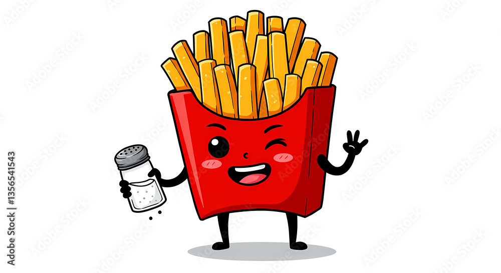 manga comic style, an energetic french fries character, red paper box ...