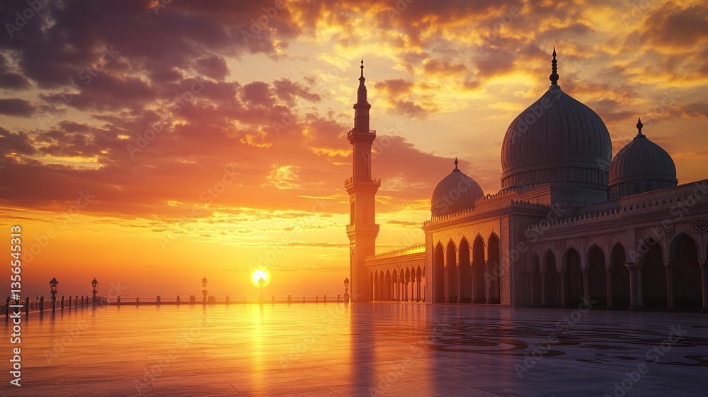 3D mosque exterior with a beautiful sunset, Islamic architecture ...