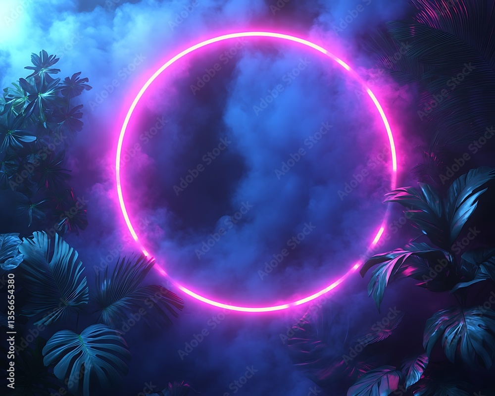 Neon Circle Frame in Lush Tropical Fog. Stock Photo | Adobe Stock