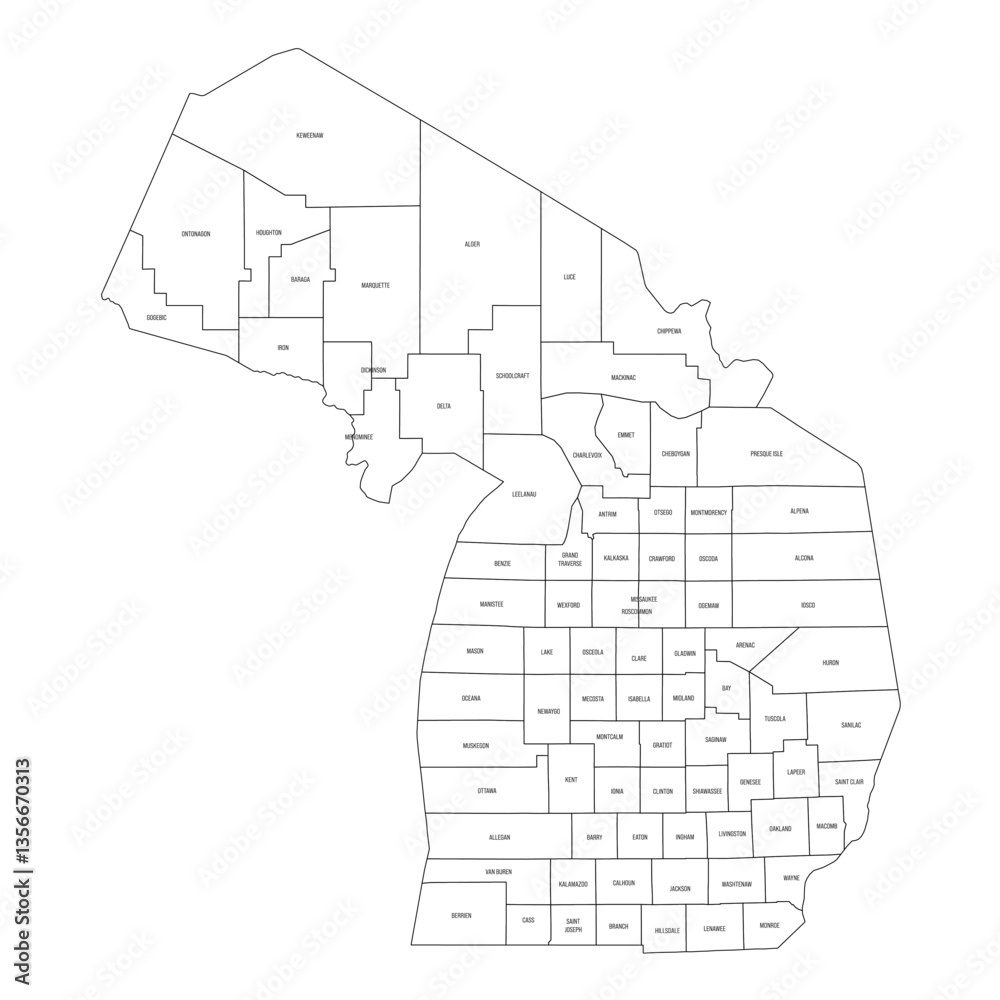 Michigan, MI - detailed political map of US state. Administrative map ...