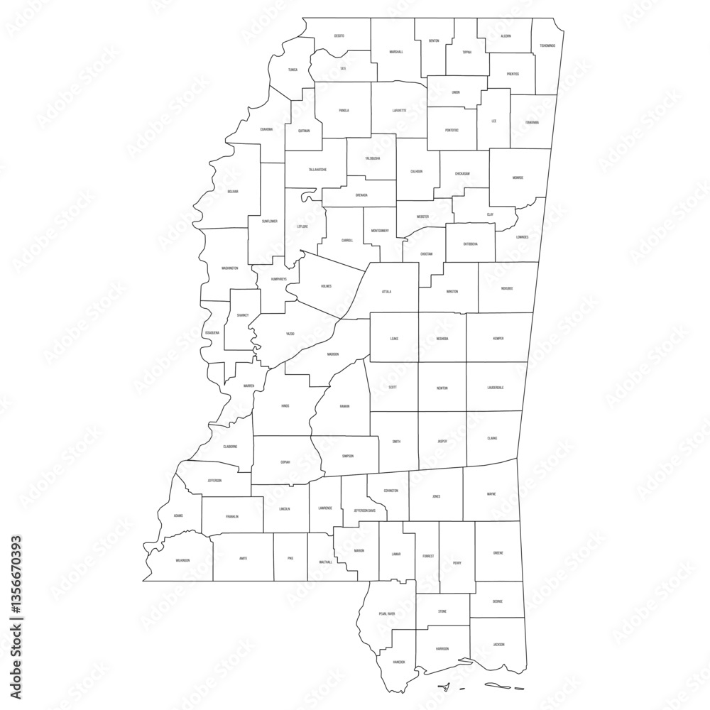 Mississippi, MS - detailed political map of US state. Administrative ...