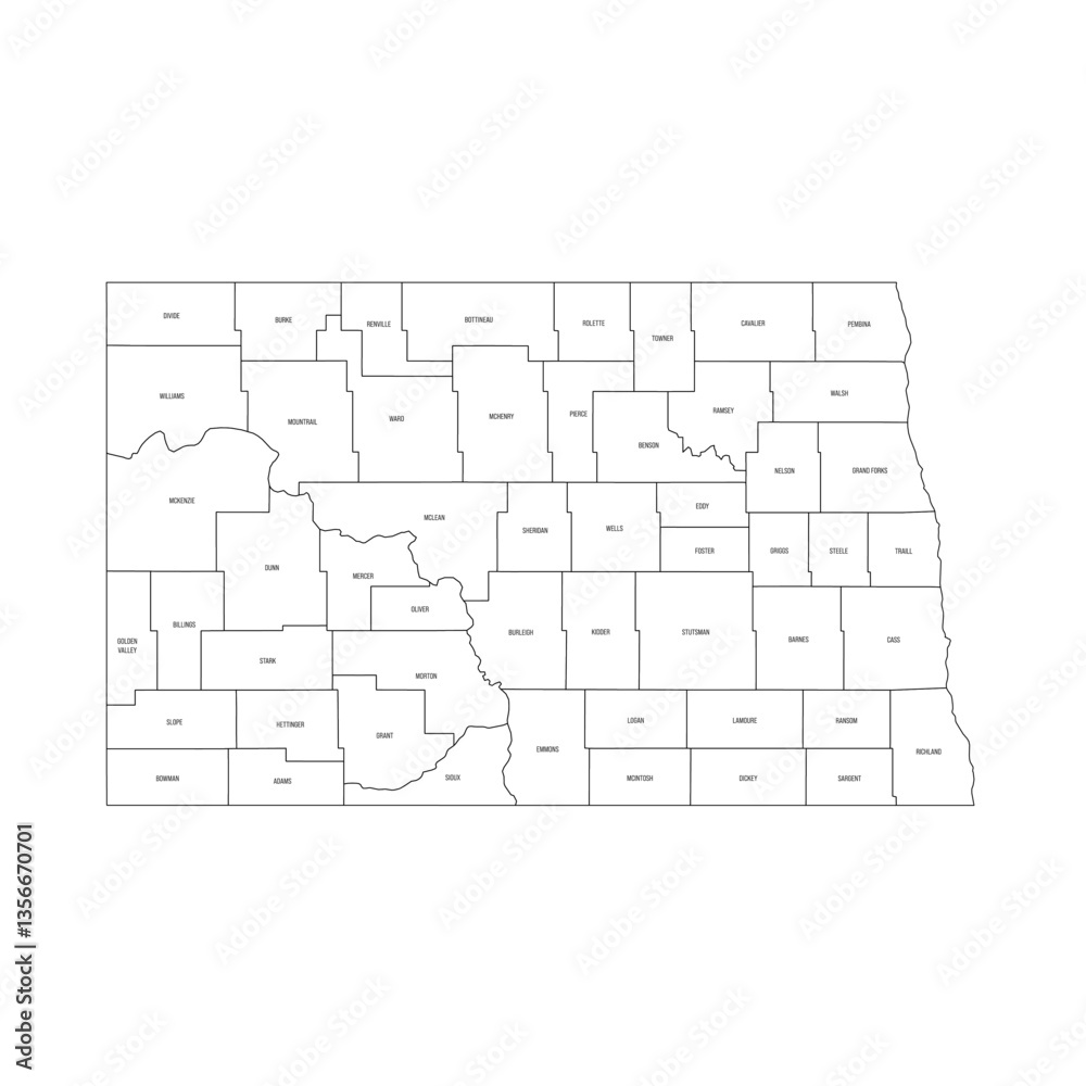 North Dakota, ND - detailed political map of US state. Administrative ...