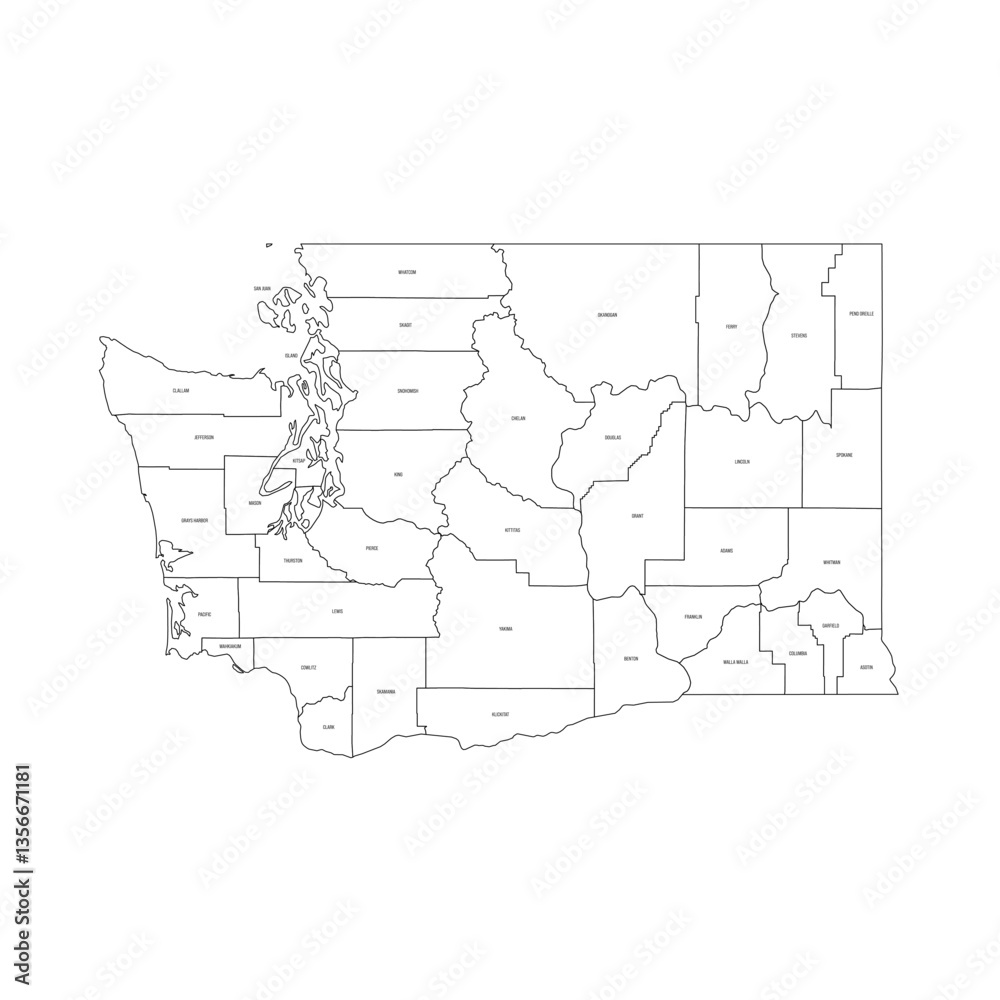 Washington, WA - detailed political map of US state. Administrative map ...