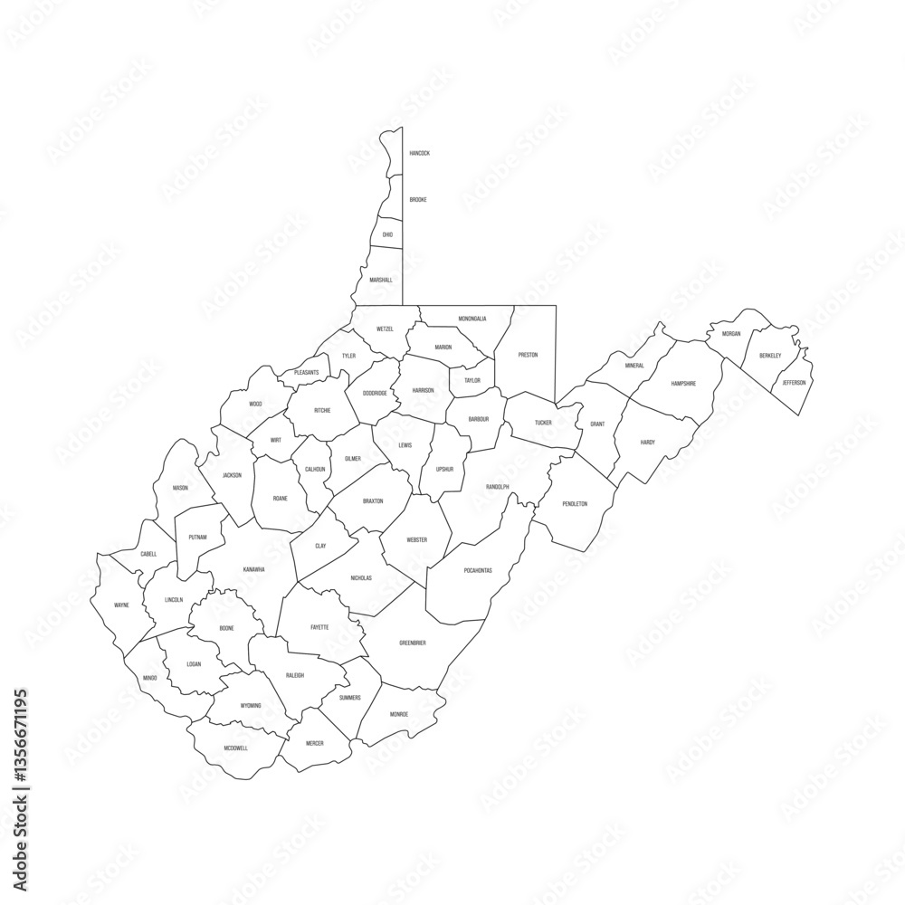 West Virginia, WV - detailed political map of US state. Administrative ...