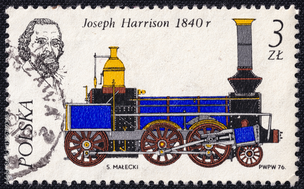 Polish stamp from 1976 featuring the Joseph Harrison 1840 steam ...