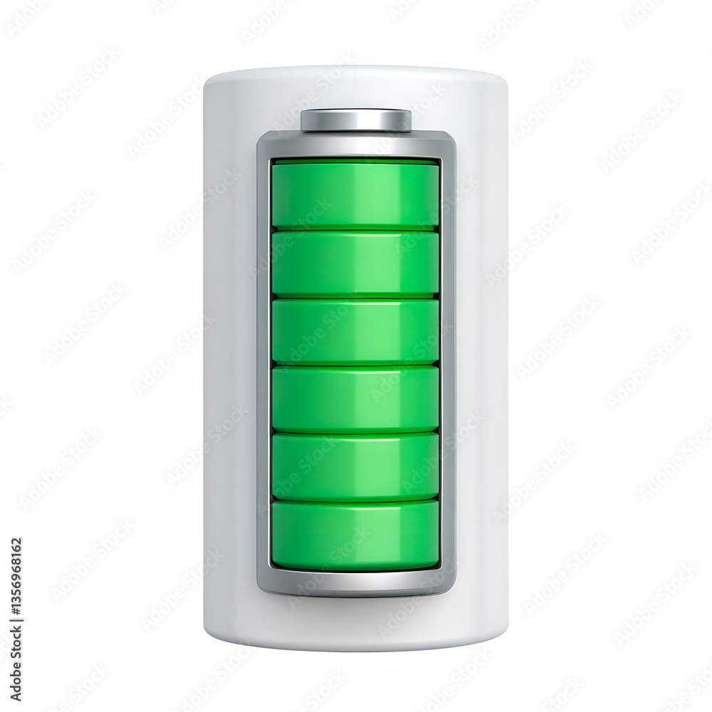 3D battery icon with five green segments indicating full charge, housed ...